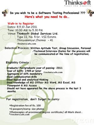 Thinksoft global Walk-in for 2011 freshers from 8th to 10th June 2011